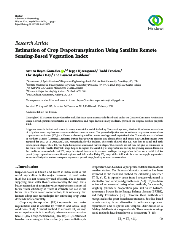 Pdf Estimation Of Crop Evapotranspiration Using Satellite Remote Sensing Based Vegetation