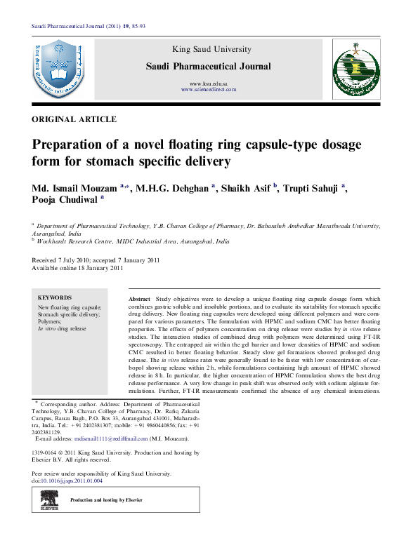 Pdf Preparation Of A Novel Floating Ring Capsule Type Dosage Form For Stomach Specific Delivery