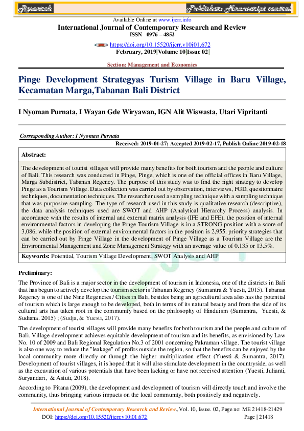 (PDF) Pinge Development Strategyas Turism Village in Baru Village ...