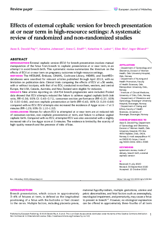 (PDF) Effects of external cephalic version for breech presentation at ...