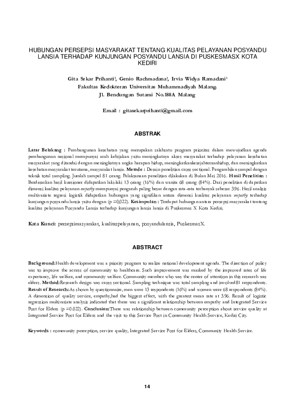 (PDF) Hubungan Persepsi Masyarakat Tentang Kualitas Pelayanan Posyandu Lansia Terhadap Kunjungan ...