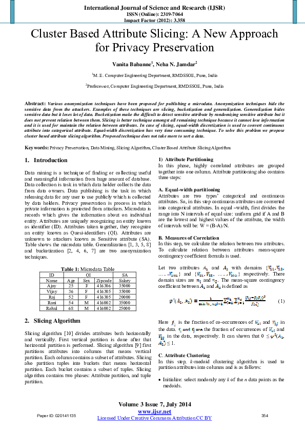 (PDF) Licensed Under Creative Commons Attribution CC BY Cluster Based Attribute Slicing: A New ...