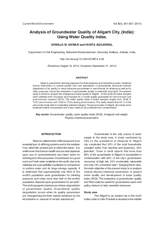 (PDF) Analysis of Groundwater Quality of Aligarh City, (India): Using ...