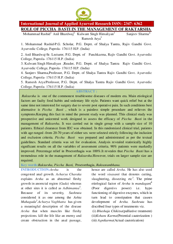 (PDF) Role of Piccha Basti in the Management of Raktarsha