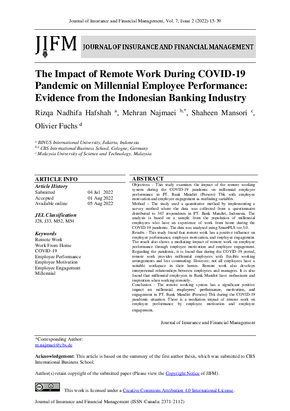 (PDF) The Impact of Remote Work During COVID-19 Pandemic on Millennial ...