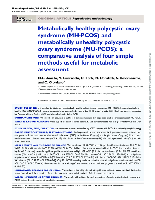 (PDF) Metabolically healthy polycystic ovary syndrome (MH-PCOS) and ...
