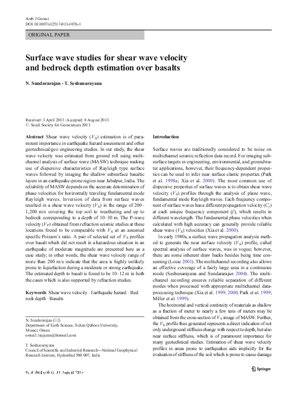 (PDF) Surface wave studies for shear wave velocity and bedrock depth estimation over basalts