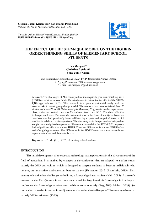 (PDF) The Effect of The STEM-PjBL Model on The Higher-Order Thinking Skills of Elementary School ...