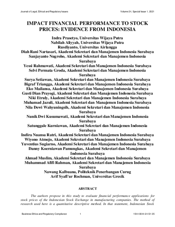(PDF) Impact Financial Performance to Stock Prices: Evidence From Indonesia