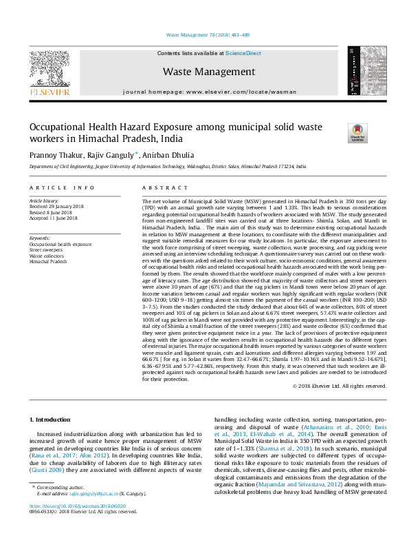 (PDF) Occupational Health Hazard Exposure among municipal solid waste workers in Himachal ...
