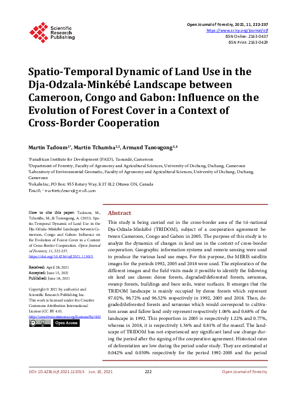 (PDF) Spatio-Temporal Dynamic of Land Use in the Dja-Odzala-Minkébé Landscape between Cameroon ...