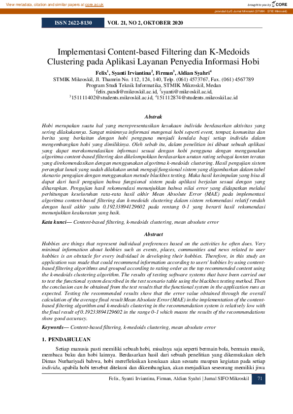 (PDF) Implementasi Content-based Filtering dan K-Medoids Clustering pada Aplikasi Layanan ...