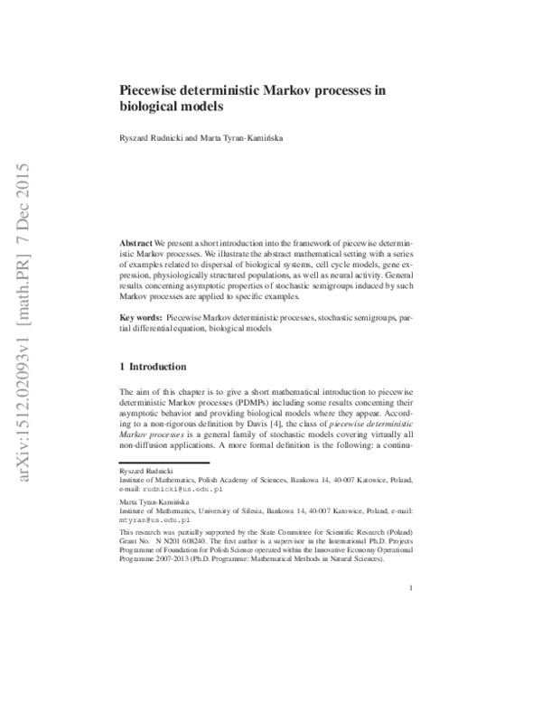 (PDF) Piecewise Deterministic Markov Processes in Biological Models | Ryszard Rudnicki ...