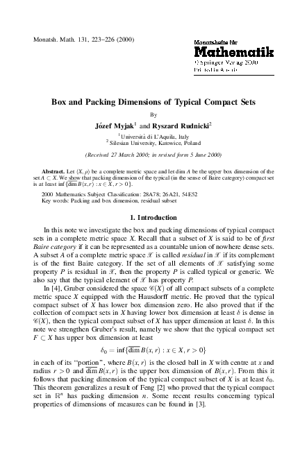(PDF) Box and Packing Dimensions of Typical Compact Sets