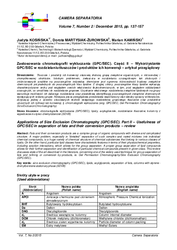 (PDF) Zastosowania chromatografii wykluczania (GPC/SEC). Część II – Wykorzystanie GPC/SEC w ...
