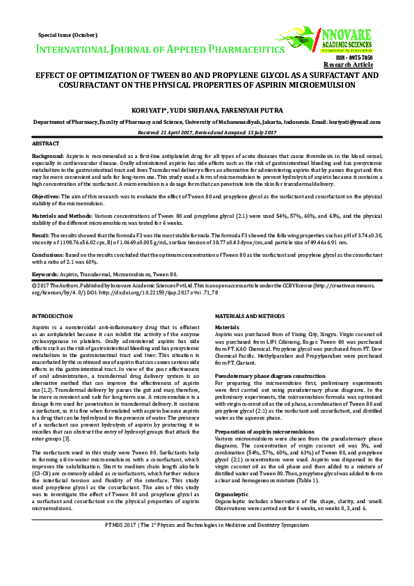 (PDF) Effect of Optimization of Tween 80 and Propylene Glycol as a ...