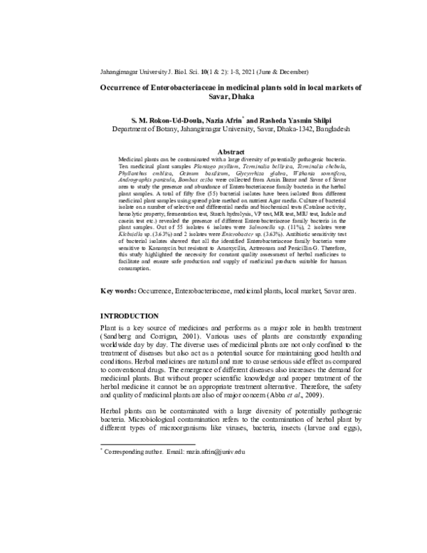 (PDF) Occurrence of Enterobacteriaceae in medicinal plants sold in ...