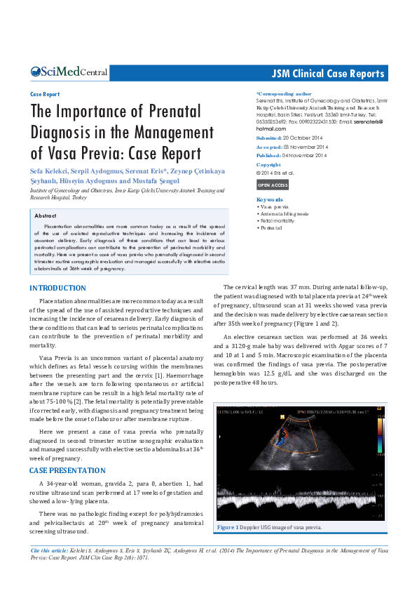 (PDF) The Importance of Prenatal Diagnosis in the Management of Vasa ...