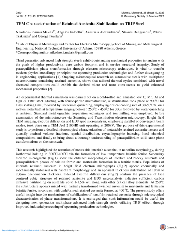 (PDF) TEM Characterization of Retained Austenite Stabilization on TRIP ...