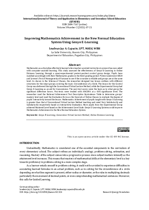 (PDF) Improving Mathematics Achievement in the New Normal Education ...