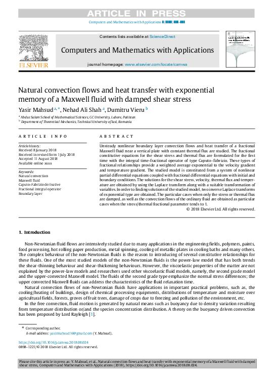 Pdf Natural Convection Flows And Heat Transfer With Exponential Memory Of A Maxwell Fluid With
