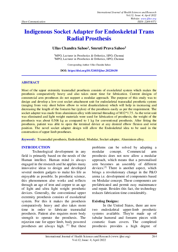 (PDF) Indigenous Socket Adapter for Endoskeletal Trans Radial Prosthesis