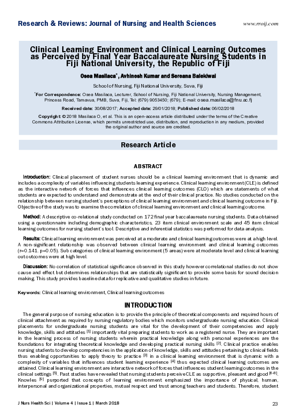 (PDF) Clinical Learning Environment and Clinical Learning Outcomes as Perceived by Final Year ...