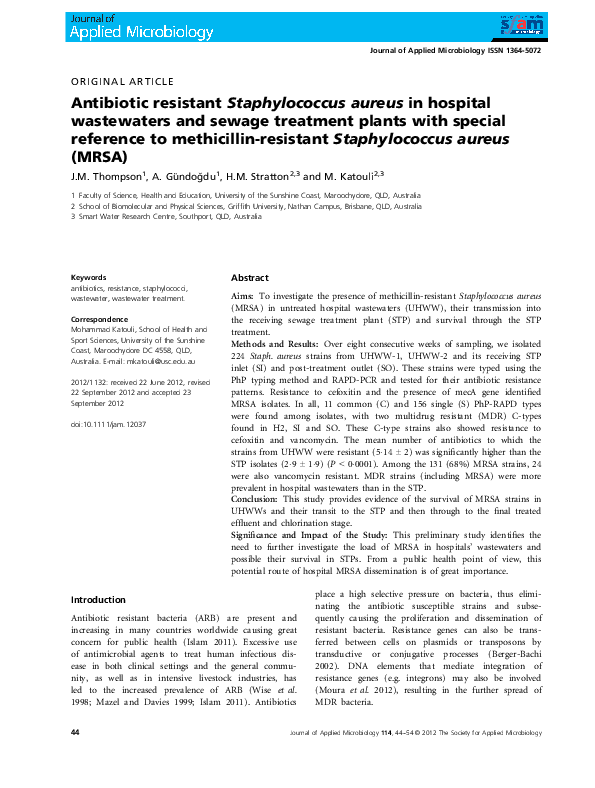(PDF) Antibiotic resistant Staphylococcus aureus in hospital wastewaters and sewage treatment ...