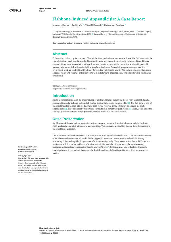 (PDF) Fishbone-Induced Appendicitis: A Case Report