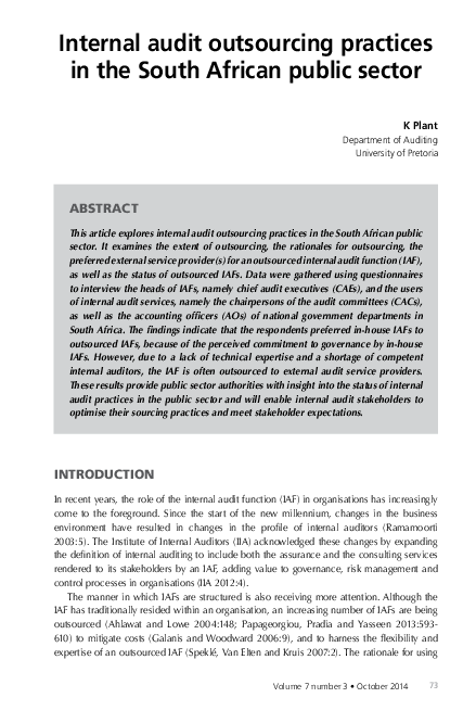 (PDF) Internal audit outsourcing practices in the South African public sector