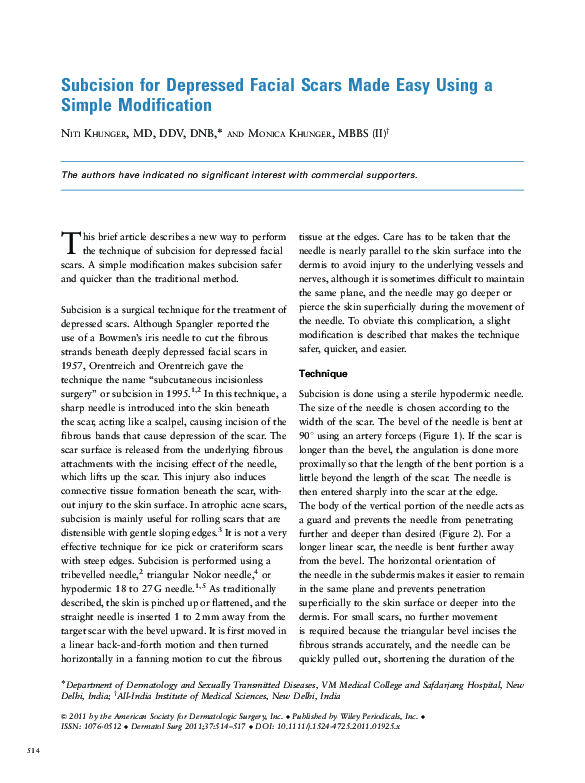 (PDF) Subcision for Depressed Facial Scars Made Easy Using a Simple ...