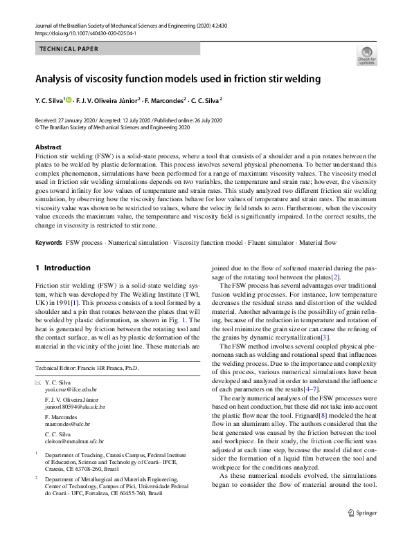 (PDF) Analysis of viscosity function models used in friction stir welding