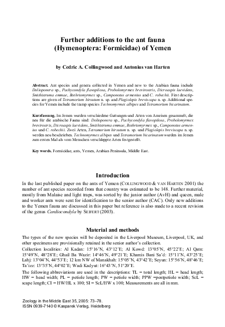 (PDF) Further additions to the ant fauna (Hymenoptera: Formicidae) of Yemen