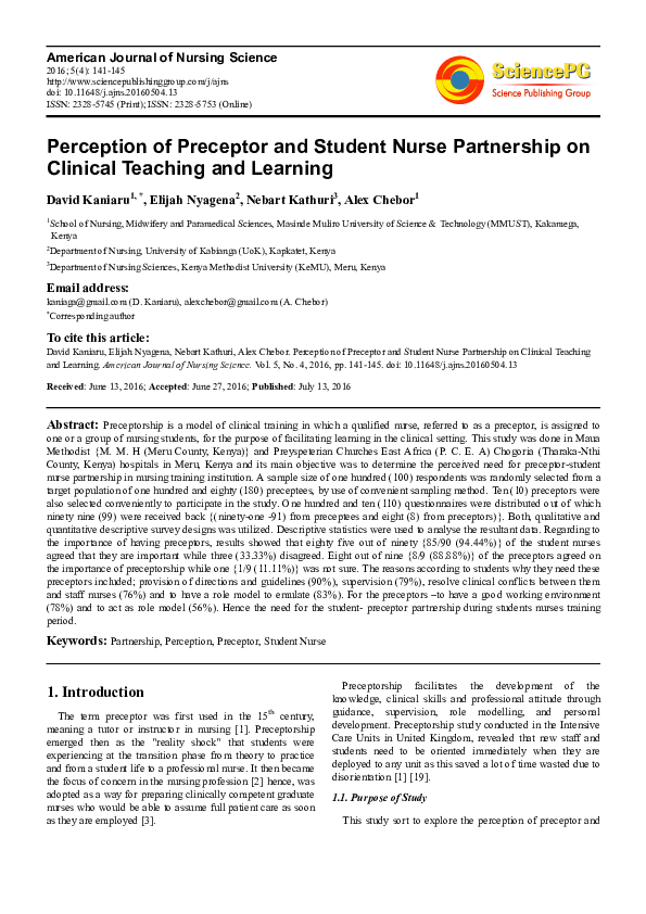 (PDF) Perception of Preceptor and Student Nurse Partnership on Clinical Teaching and Learning