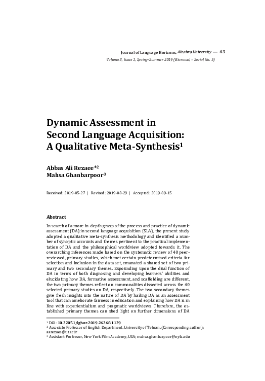 (PDF) Dynamic Assessment in Second Language Acquisition: A Qualitative Meta-Synthesis