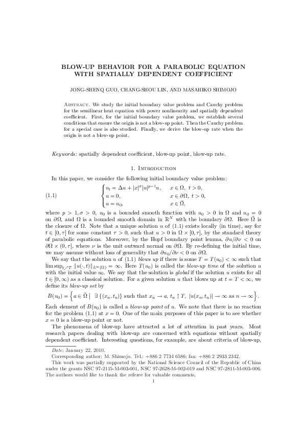 Pdf Blow Up Behavior For A Parabolic Equation With Spatially Dependent Coefficient