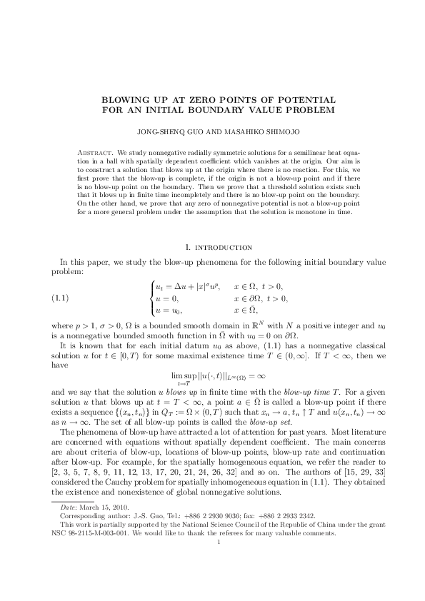 (PDF) Blowing up at zero points of potential for an initial boundary value problem