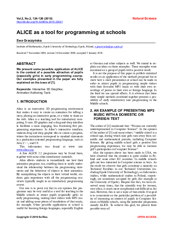 (PDF) ALICE as a tool for programming at schools