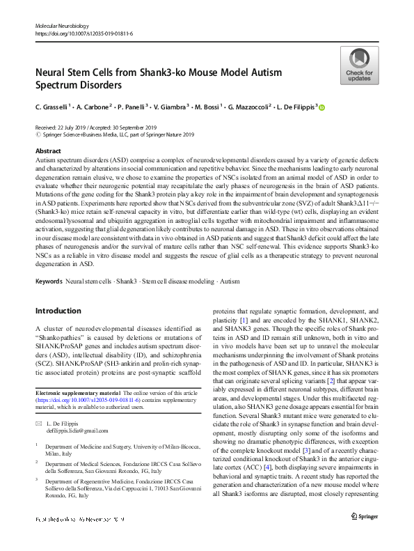(PDF) Neural Stem Cells from Shank3-ko Mouse Model Autism Spectrum ...