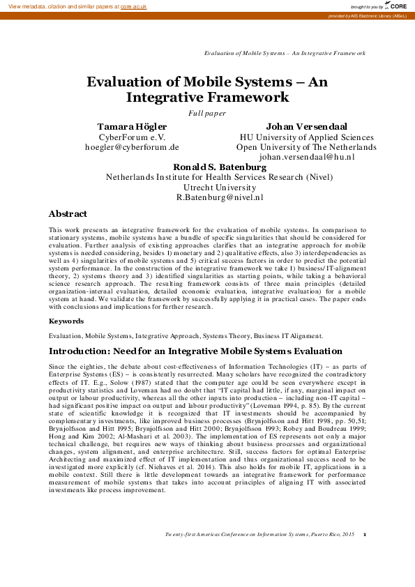 (PDF) Evaluation of Mobile Systems - An Integrative Framework