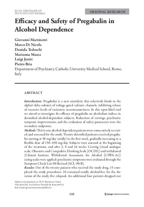 Pdf Efficacy And Safety Of Pregabalin In Alcohol Dependence