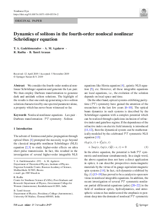 Pdf Dynamics Of Solitons In The Fourth Order Nonlocal Nonlinear Schrödinger Equation