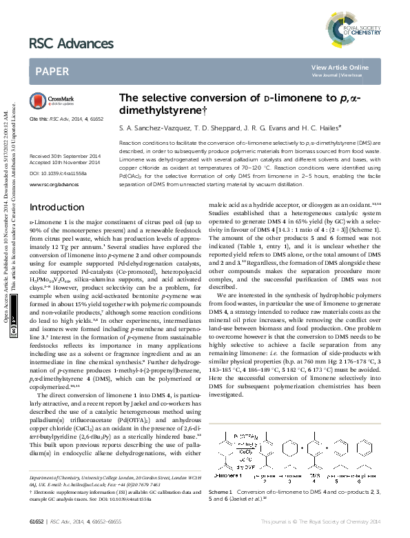 (PDF) The selective conversion of d-limonene to p,α-dimethylstyrene