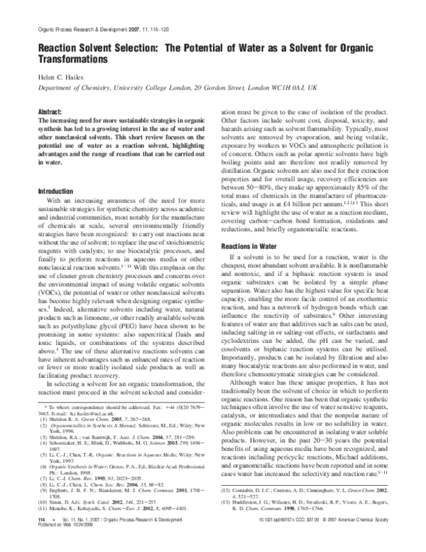 (PDF) Reaction Solvent Selection: The Potential of Water as a Solvent ...