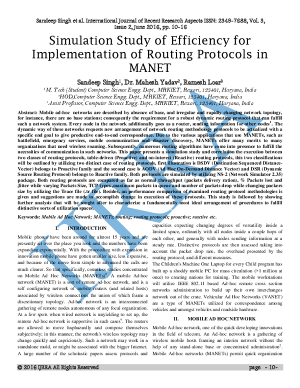 (PDF) Simulation Study of Efficiency for Implementation of Routing Protocols in MANET