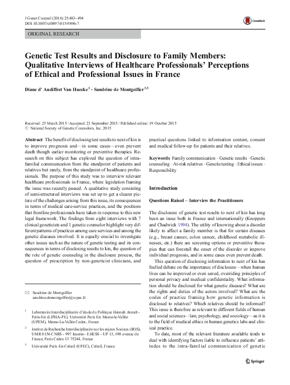 (PDF) Genetic Test Results and Disclosure to Family Members ...
