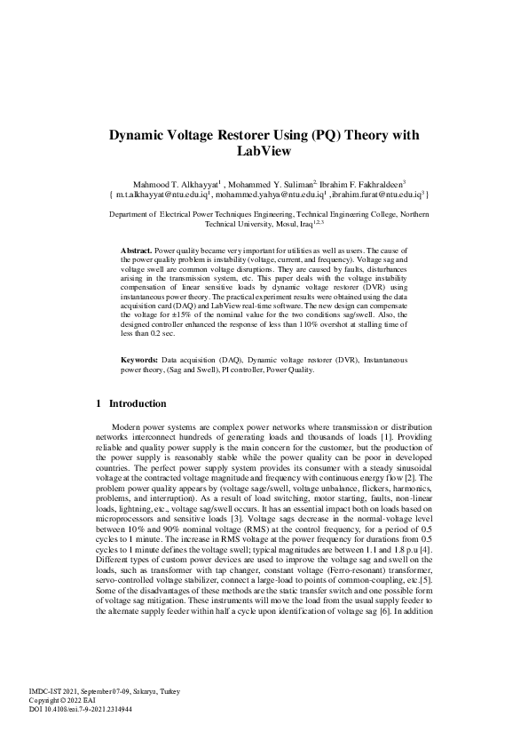 (PDF) Dynamic Voltage Restorer Using (PQ) Theory with LabView