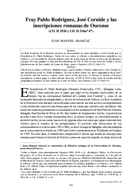 (PDF) Fray Pablo Rodríguez, José Cornide y las inscripciones romanas de ...
