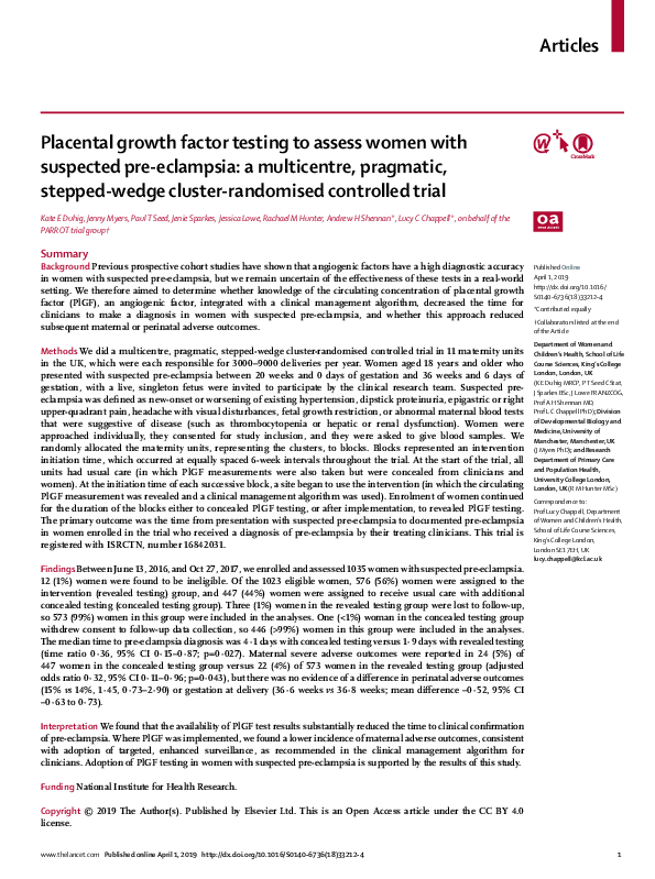 (PDF) Placental growth factor testing to assess women with suspected ...
