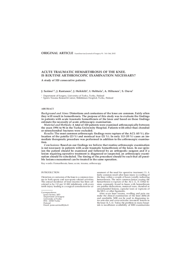 (PDF) Acute Traumatic Hemarthrosis of the Knee. Is Routine Arthroscopic ...